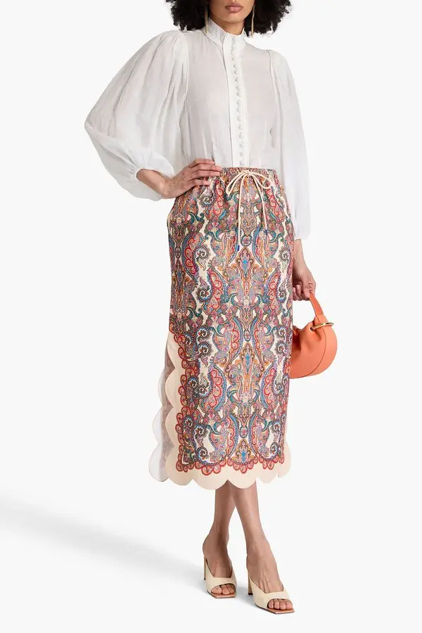 Zimmermann Scalloped Paisleyprint Linen Midi Skirt