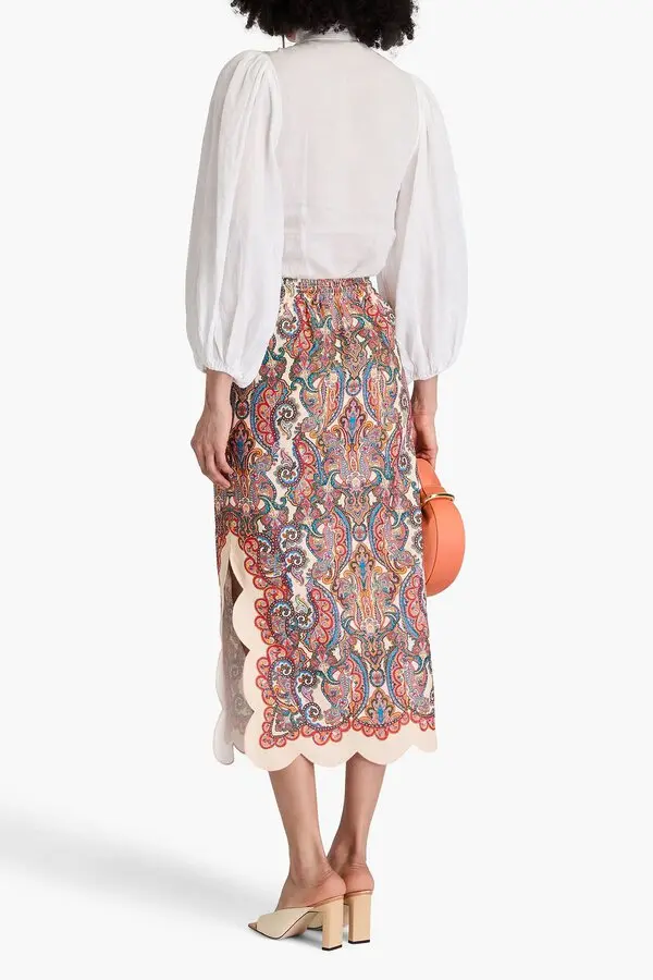 Zimmermann Scalloped Paisleyprint Linen Midi Skirt