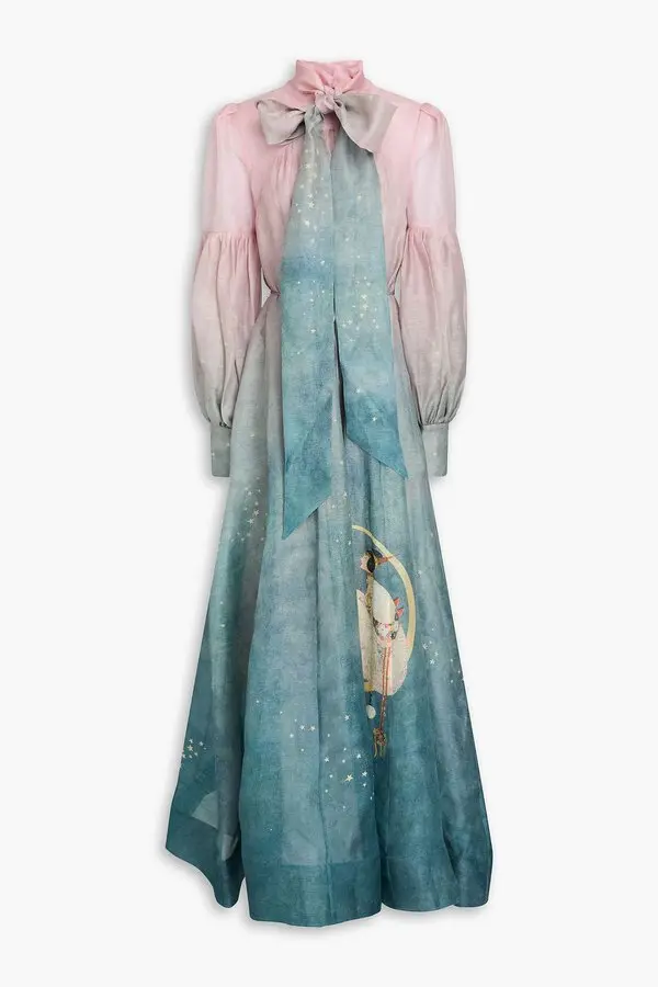 Zimmermann Pussybow Printed Linen And Silkblend Organza Gown - Teal