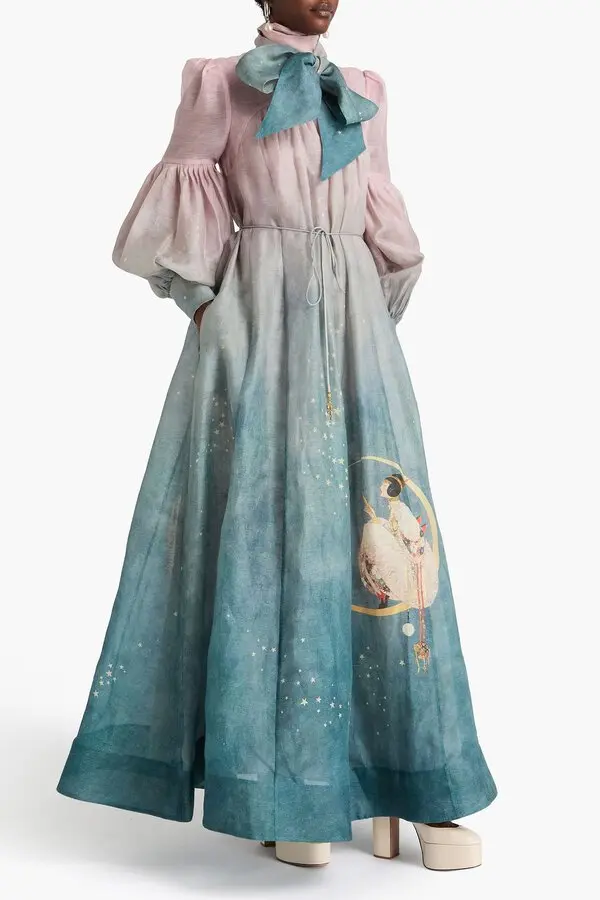 Zimmermann Pussy-bow Printed Linen And Silk-blend Organza Gown