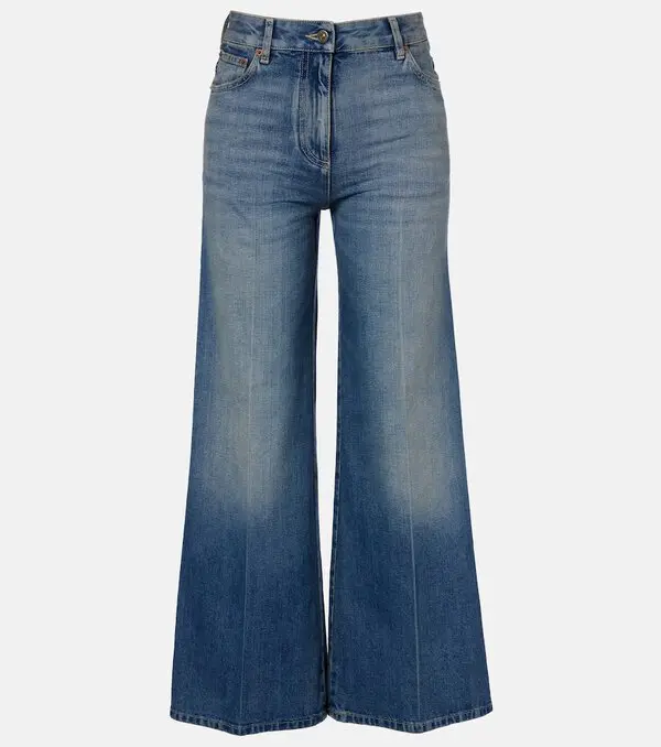 Valentino Garavani Vgold Wide-leg Faded Jeans - Blue