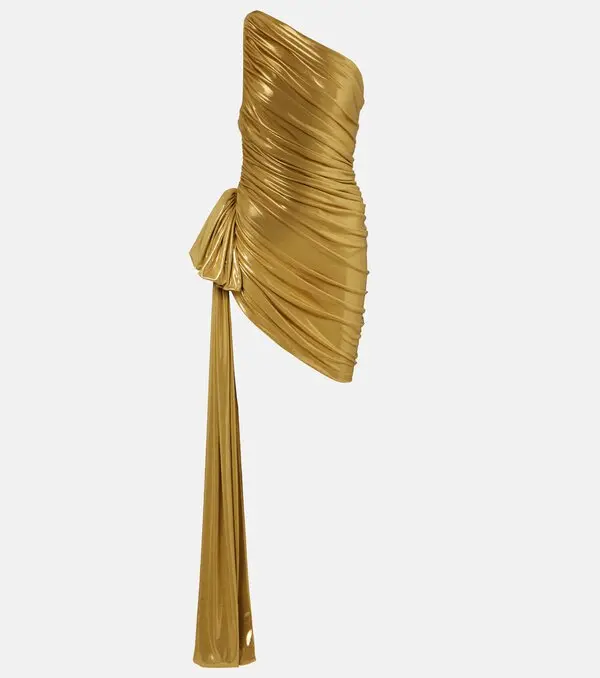Norma Kamali One-shoulder Ruched Lamé Minidress With Bow Detail - Gold