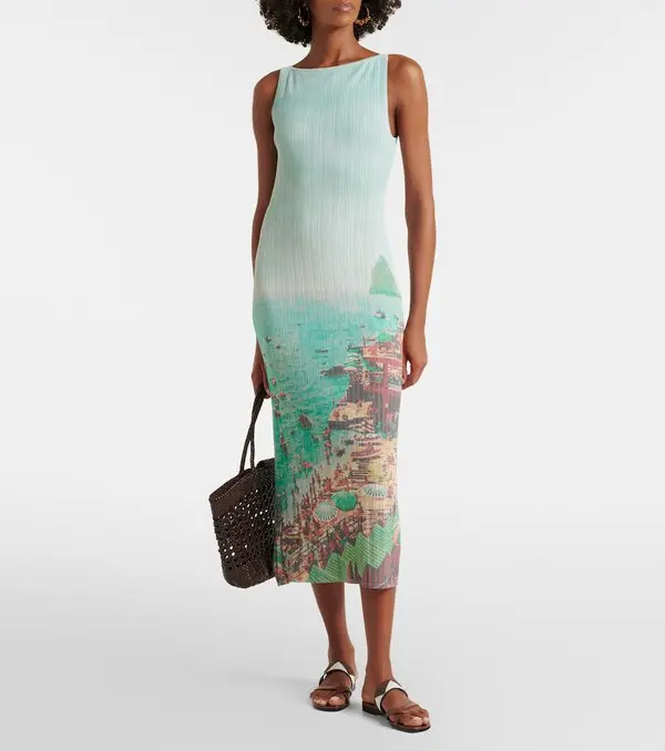 Staud Bryn Printed Compact Knit Midi Dress