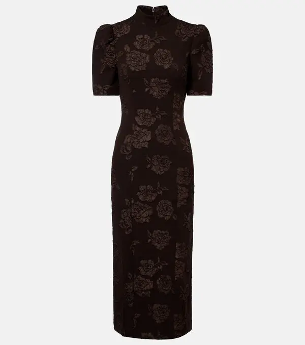 ROTATE BY BIRGER CHRISTENSEN Floral Jacquard Midi Dress - Brown