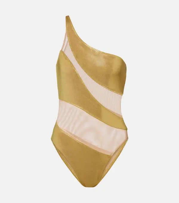 Norma Kamali One-shoulder Lamé And Mesh Bodysuit - Gold