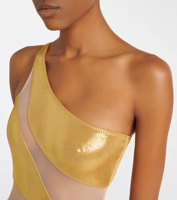 Norma Kamali One-shoulder Lamé And Mesh Bodysuit