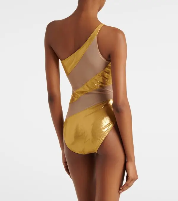 Norma Kamali One-shoulder Lamé And Mesh Bodysuit