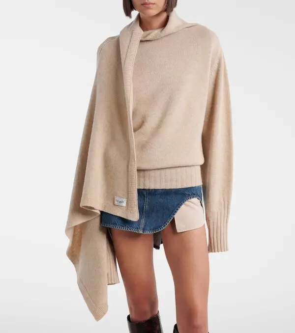 Attico Virgin Wool Sweater With Scarf Detail - Beige