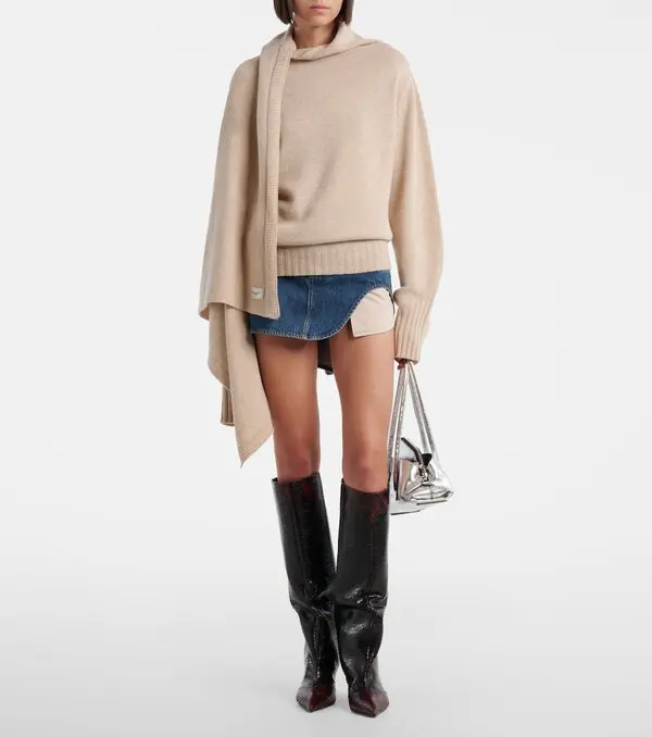 Attico Virgin Wool Sweater With Scarf Detail - Beige