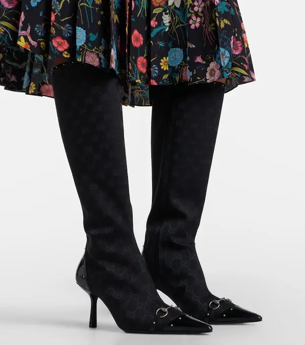 Gucci Savoy Horsebit Gg Canvas Knee-high Boots - Black