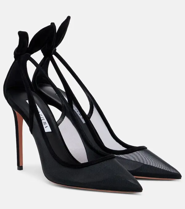 AQUAZZURA Bow Tie Suede-trimmed Mesh Pumps - Black