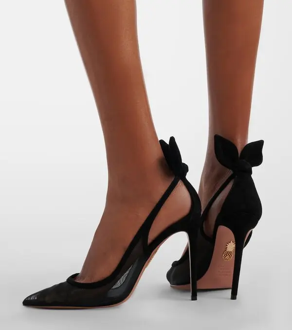 AQUAZZURA Bow Tie Suede-trimmed Mesh Pumps - Black