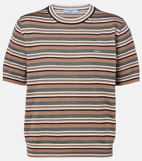 Prada Striped Cotton And Silk T-shirt - Brown