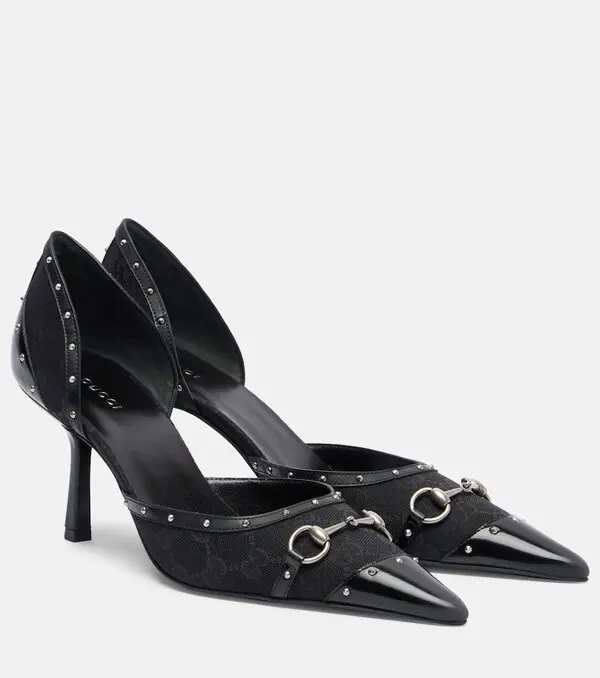 Gucci Savoy Horsebit Gg Canvas Pumps - Black