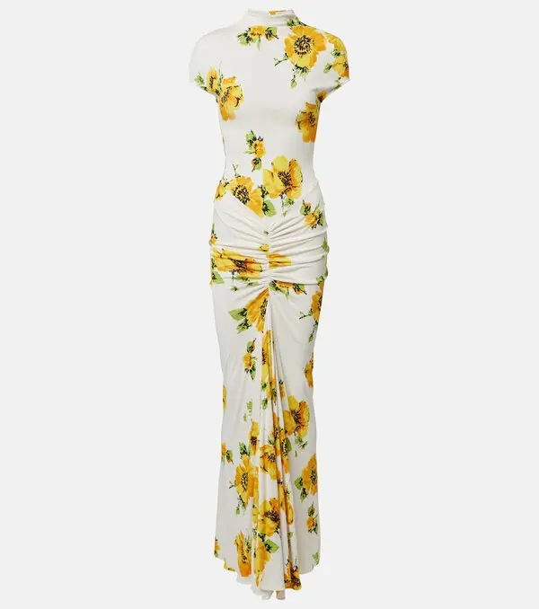 Alaïa Floral Ruched Jersey Maxi Dress - White