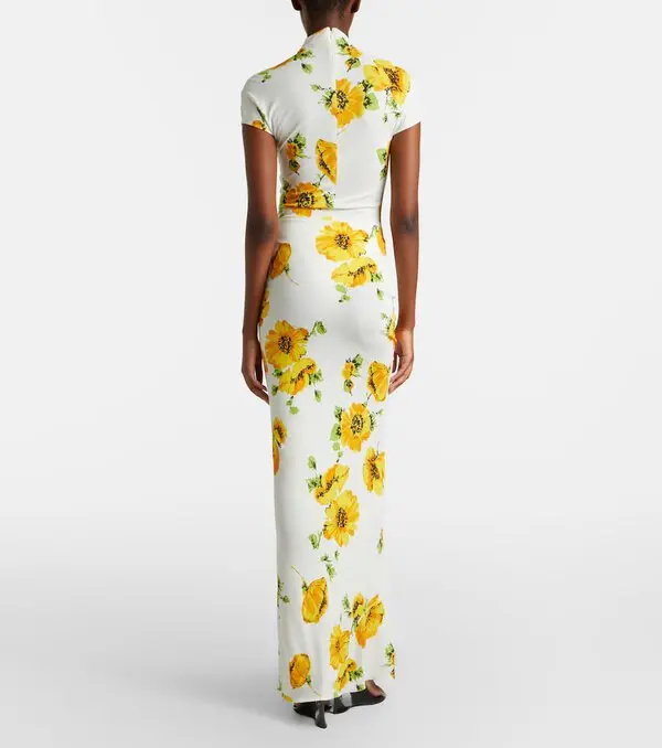 Alaïa Floral Ruched Jersey Maxi Dress - White