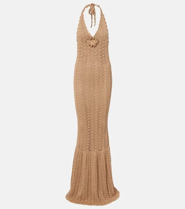 Elie Saab Crochet Maxi Dress With Floral Applique - Brown