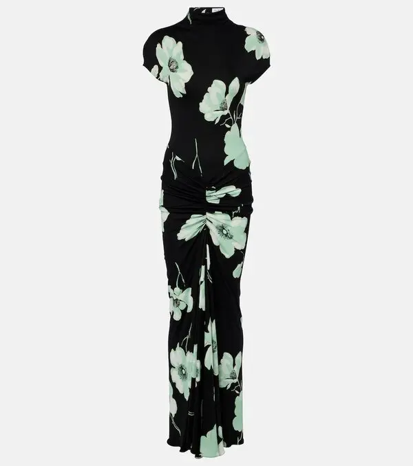 Alaïa Floral Ruched Jersey Maxi Dress