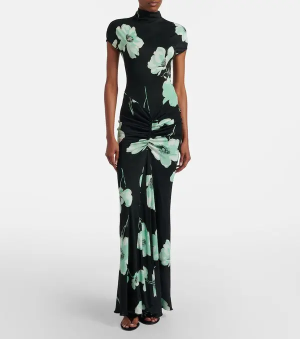 Alaïa Floral Ruched Jersey Maxi Dress
