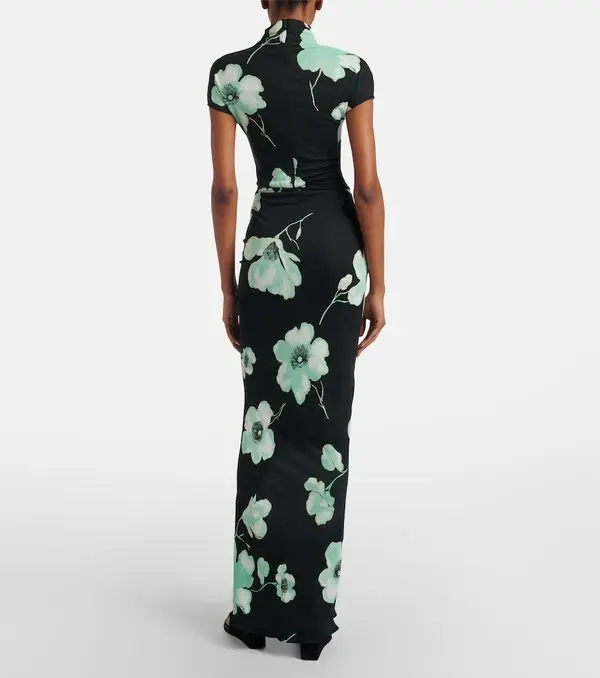 Alaïa Floral Ruched Jersey Maxi Dress