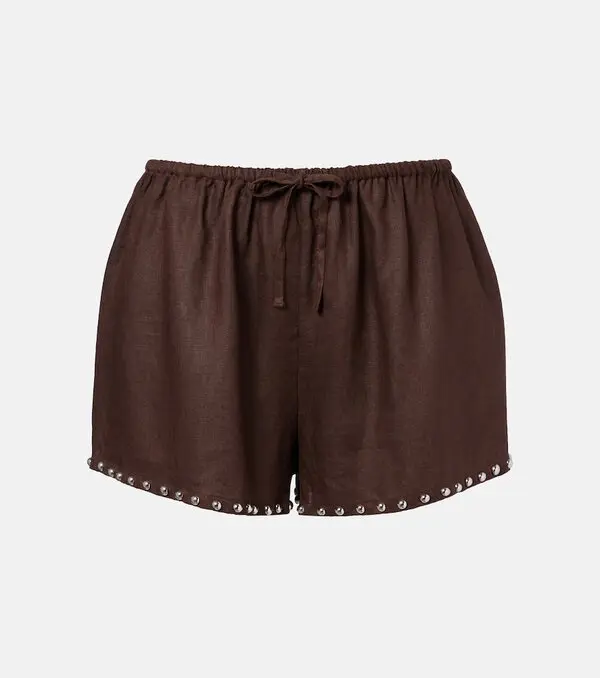 Staud Paddle Studded Linen Shorts - Brown