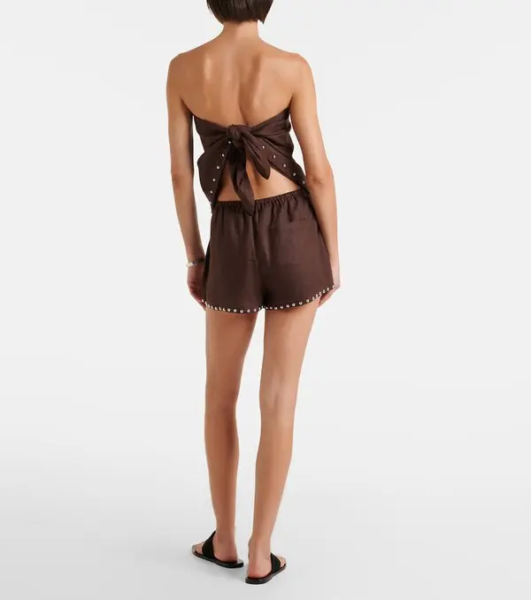 Staud Paddle Studded Linen Shorts - Brown