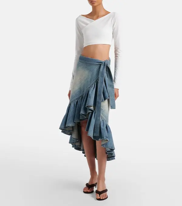Alaïa Ruffled Denim Wrap Skirt