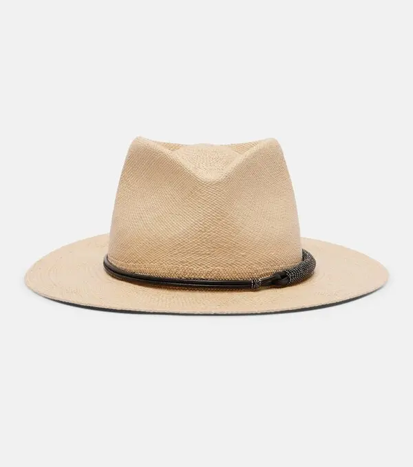 Brunello Cucinelli Monili Leather-trimmed Straw Fedora Hat