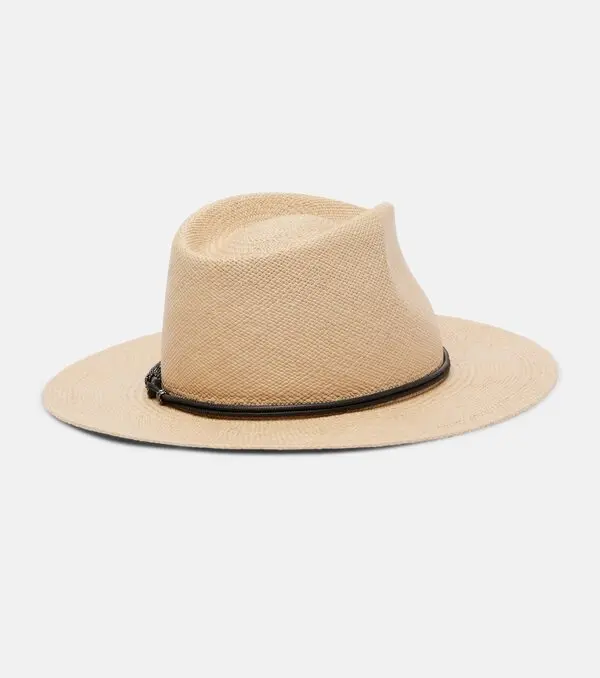 Brunello Cucinelli Monili Leather-trimmed Straw Fedora Hat