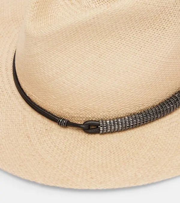 Brunello Cucinelli Monili Leather-trimmed Straw Fedora Hat