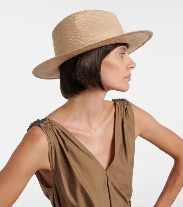 Brunello Cucinelli Monili Leather-trimmed Straw Fedora Hat