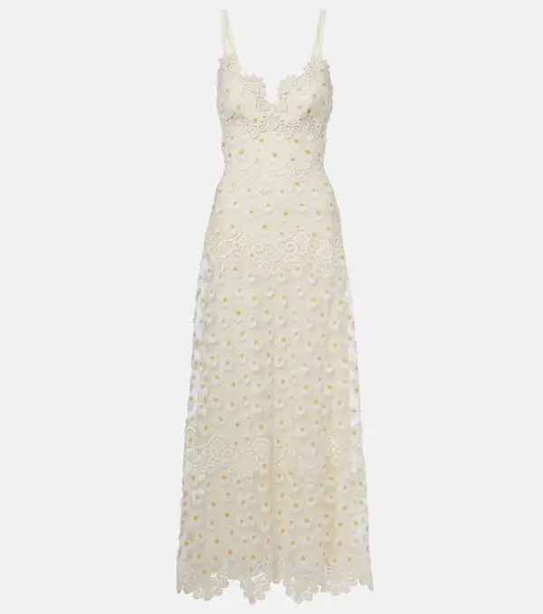 Elie Saab Embroidered Guipure Lace Tulle Maxi Dress - White