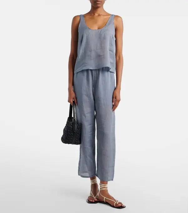 LESET Niko Cropped Wide-leg Ramie Pants - Blue