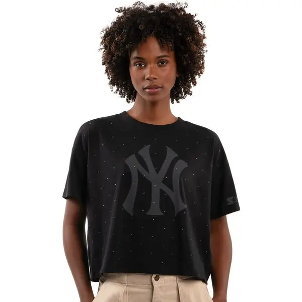 STARTER New York Yankees Rhinestone Sprinkle Boxy Cropped T-shirt - Black