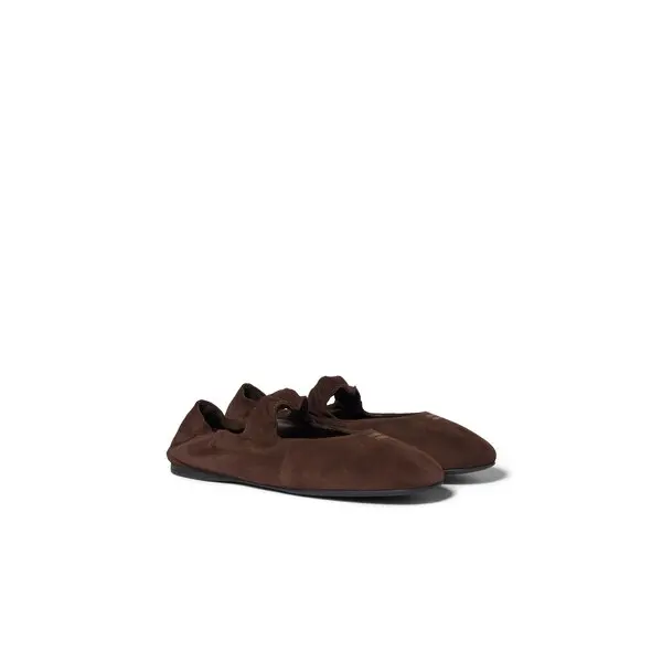 Miu Miu Ruched Suede Ballerinas With Elastic Strap - Dark Brown