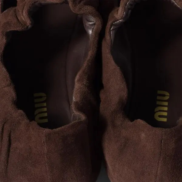 Miu Miu Ruched Suede Ballerinas With Elastic Strap - Dark Brown