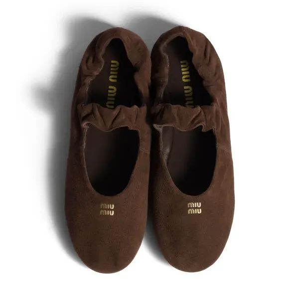Miu Miu Ruched Suede Ballerinas With Elastic Strap - Dark Brown