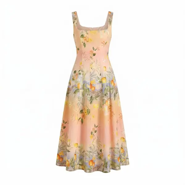 Yumi Kim Sienna Linen Blend Square Neck Midi Dress - Orange