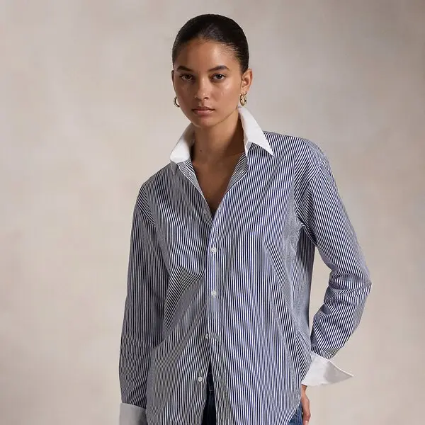 Ralph Lauren Extended-cuff Striped Cotton Shirt - White/fall Royal