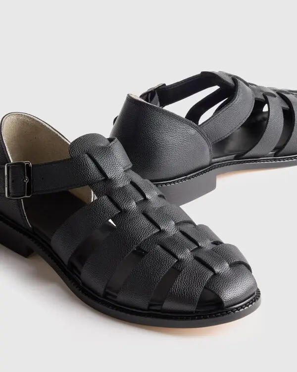 Quince Calfskin Leather Fisherman Sandals - Black