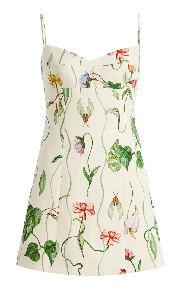 Cara Cara Linen Floral Print Spaghetti Strap Mini Dress - Ivory