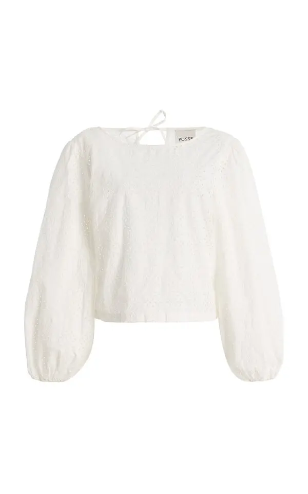 Posse Harriet Broderie Anglaise Cotton Puff Sleeve Top - White