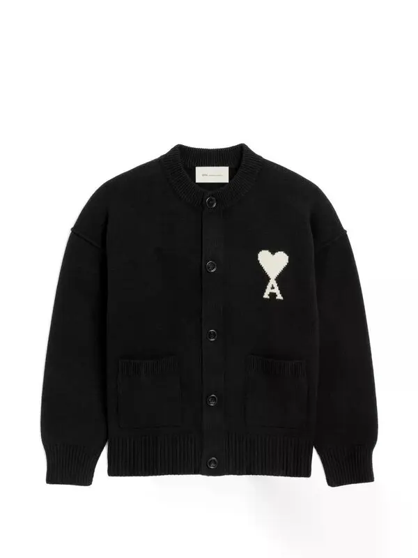 AMI Paris Crewneck Wool Cardigan With De Coeur - Black