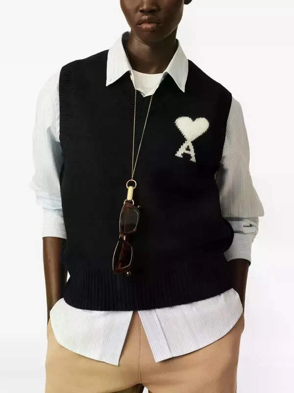 AMI Paris Sleeveless Wool V-neck Sweater With De Coeur