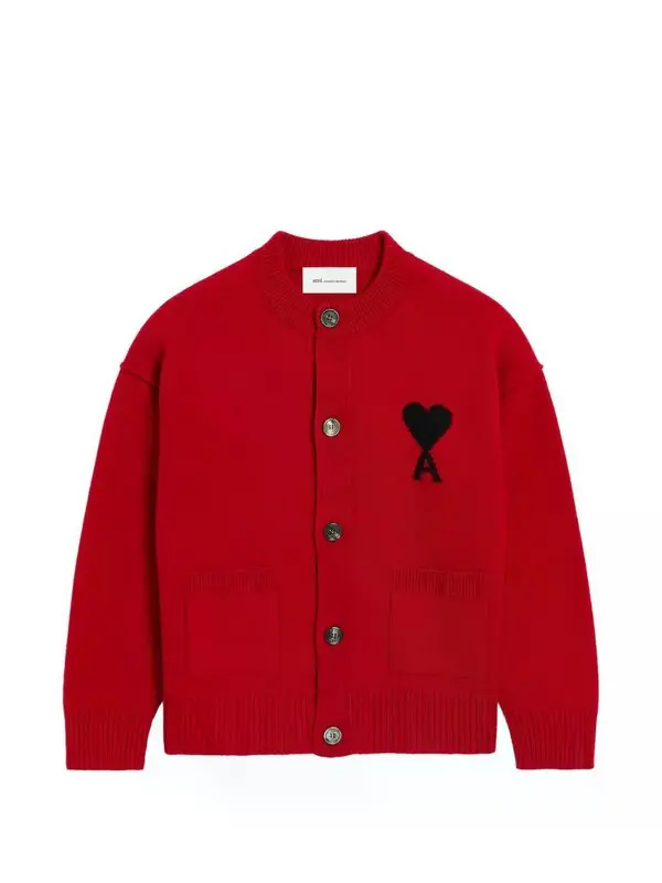 AMI Paris Crewneck Wool Cardigan With De Coeur Intarsia