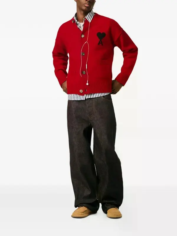 AMI Paris Crewneck Wool Cardigan With De Coeur Intarsia