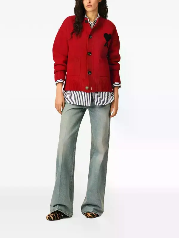 AMI Paris Crewneck Wool Cardigan With De Coeur Intarsia
