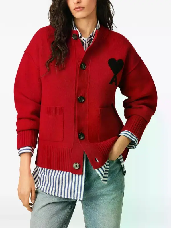 AMI Paris Crewneck Wool Cardigan With De Coeur Intarsia