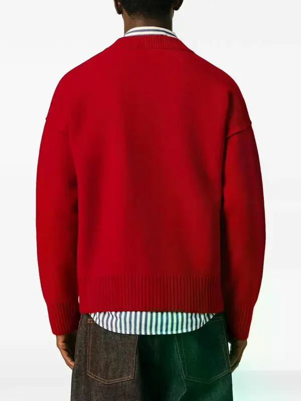AMI Paris Crewneck Wool Cardigan With De Coeur Intarsia