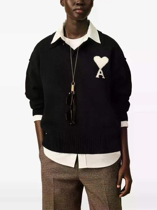 AMI Paris Wool Polo With De Coeur Intarsia